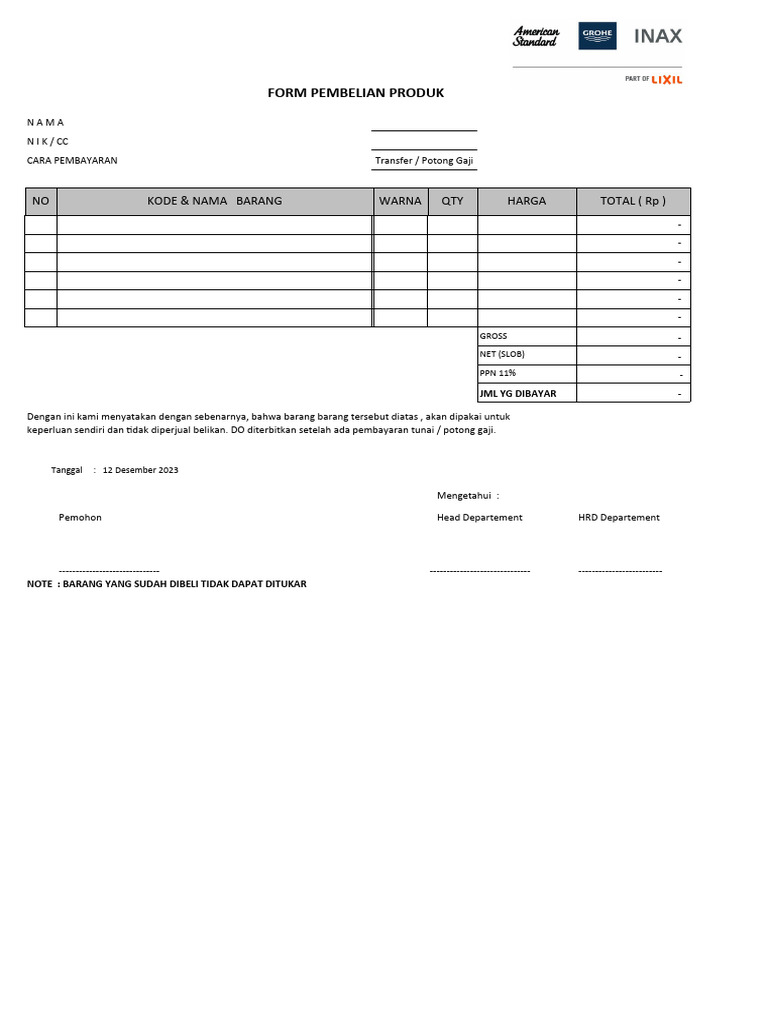 Form Pembelian SLOB Karyawan | PDF