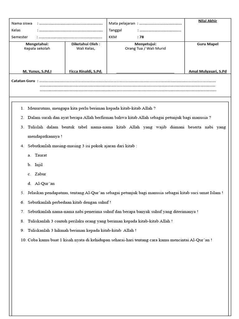 Lembar Ulangan Harian PAI Kelas 8 (IKM) 2 | PDF