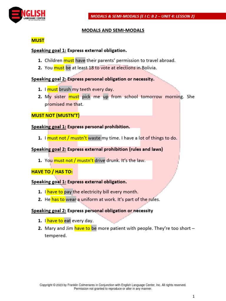 Modals & Semi-Modals - Lesson 2 | PDF | Social Science