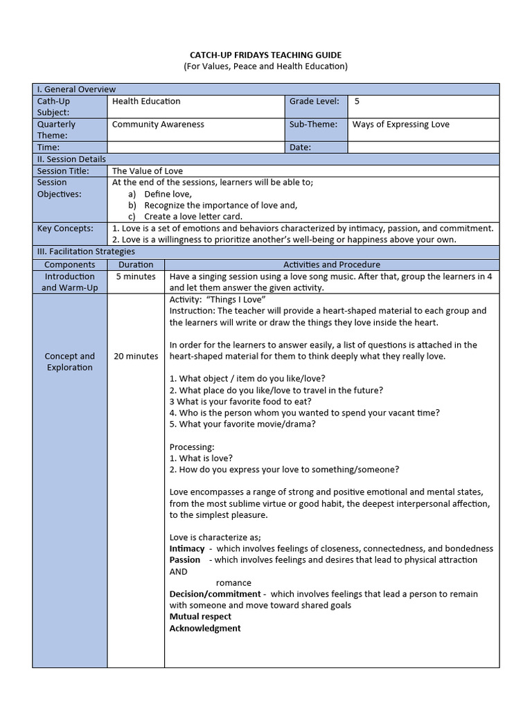 Catch Up Friday lesson plan by Johnriel A. Avenido | PDF | Love | Self ...