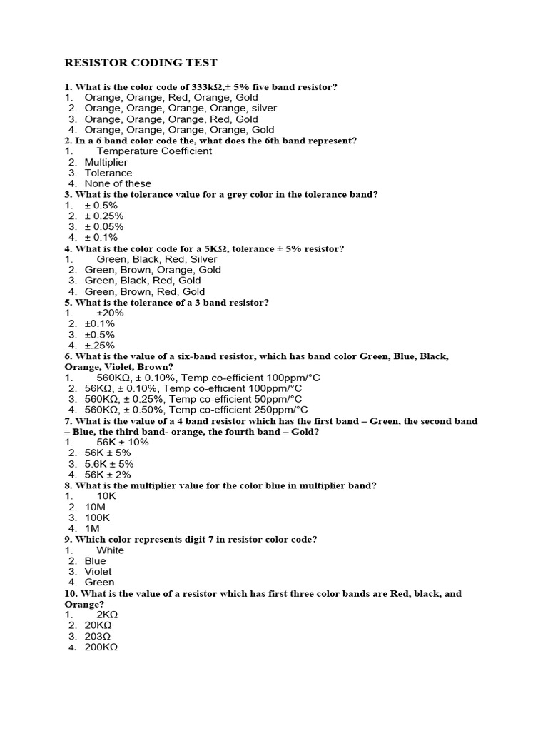 Resistor Color Coding Test | PDF