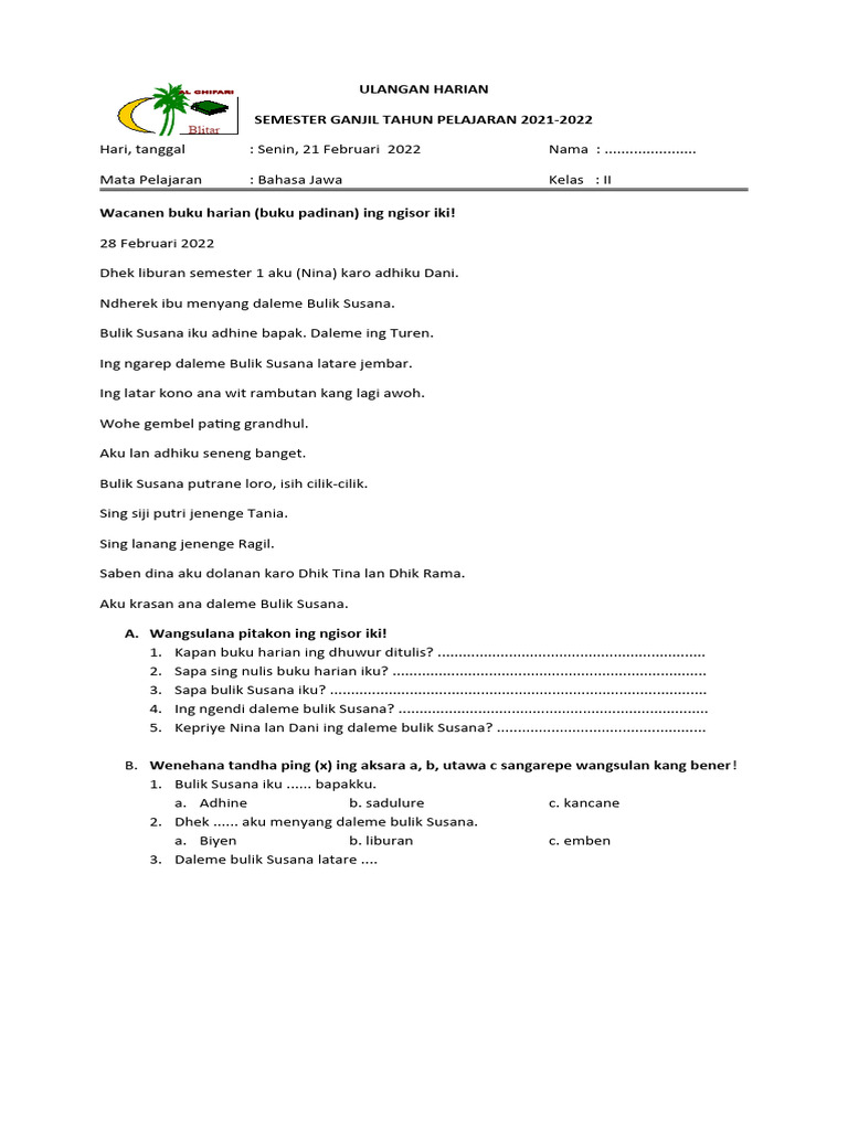 UH 1 Sem 2 B. Jawa Kelas 2 | PDF