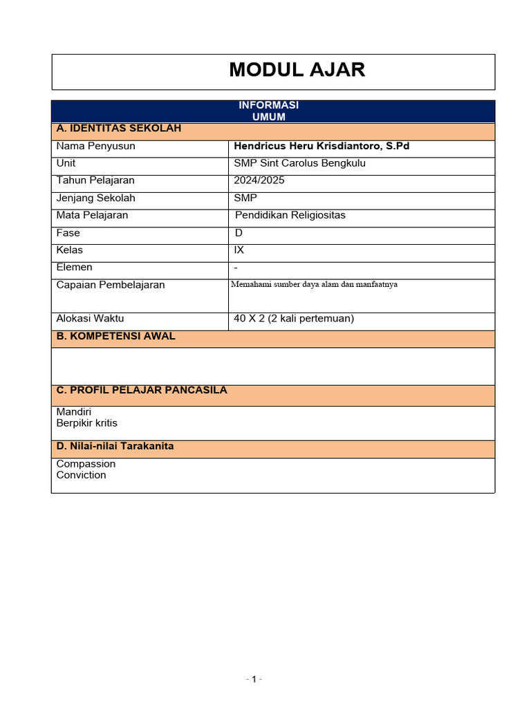 Contoh Format Modul Ajar - LITERASI | PDF