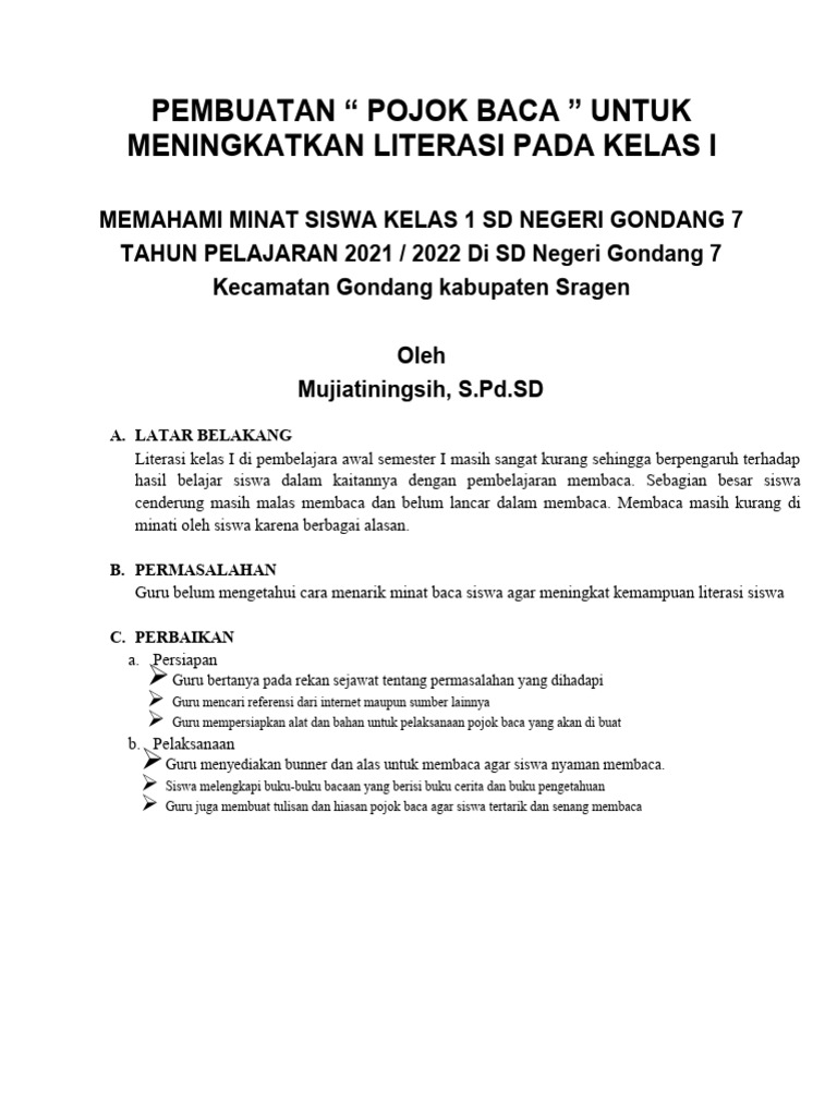 Karya Inovasi Literasi Pojok Baca Kelas 3a | PDF