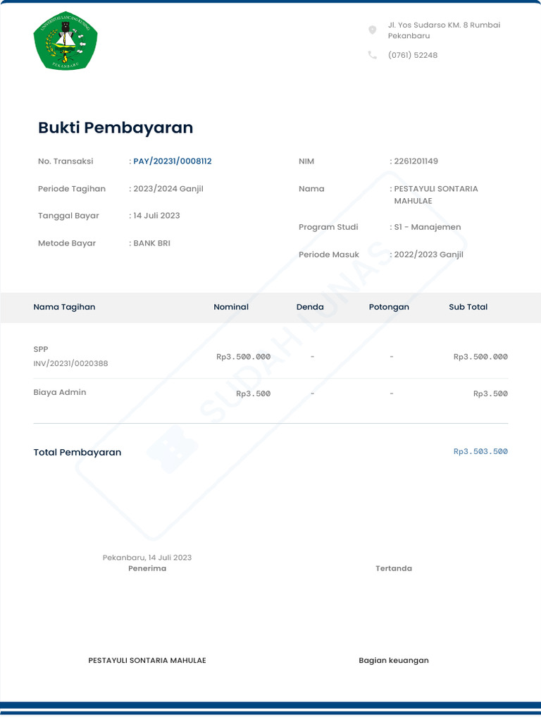 Invoice Pembayaran Spp 2023 2024 Pdf