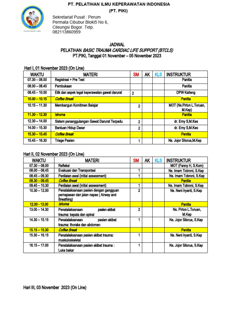 Jadwal BTCLS PT - PIKI 2023 - Action | PDF