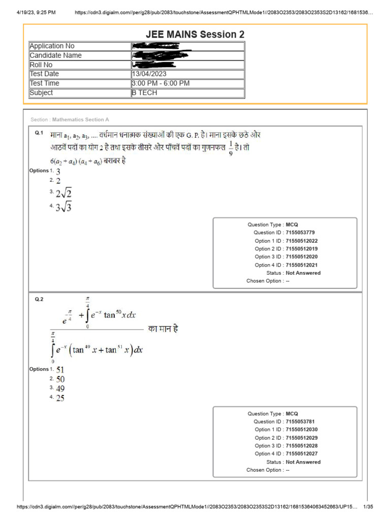 Jee Mains Final Answer Key | PDF | Multiple Choice | Data Collection