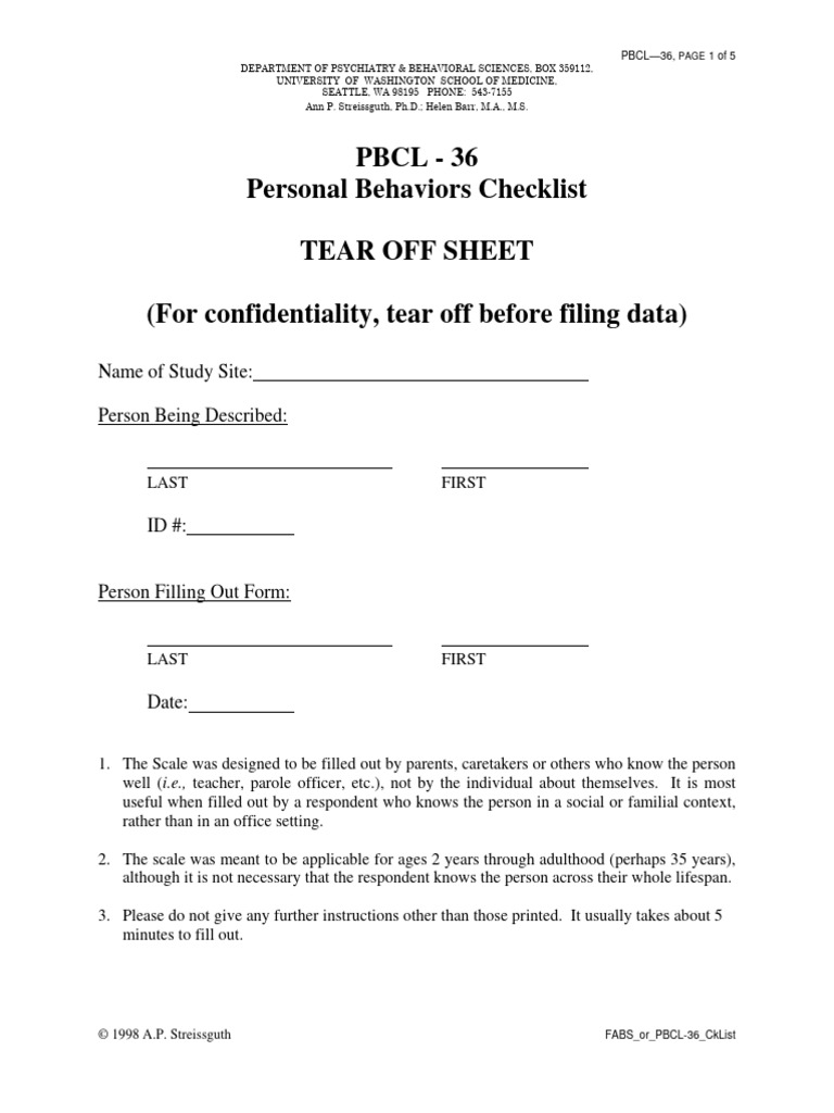 Personal Behavior Checklist | PDF | Attention | Psychology