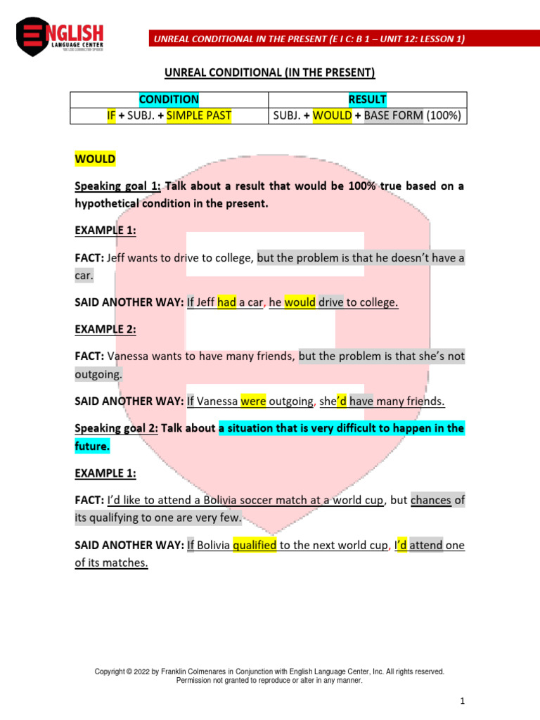 Unreal Conditional in The Present - Lesson 1 | PDF | Freedom Of ...