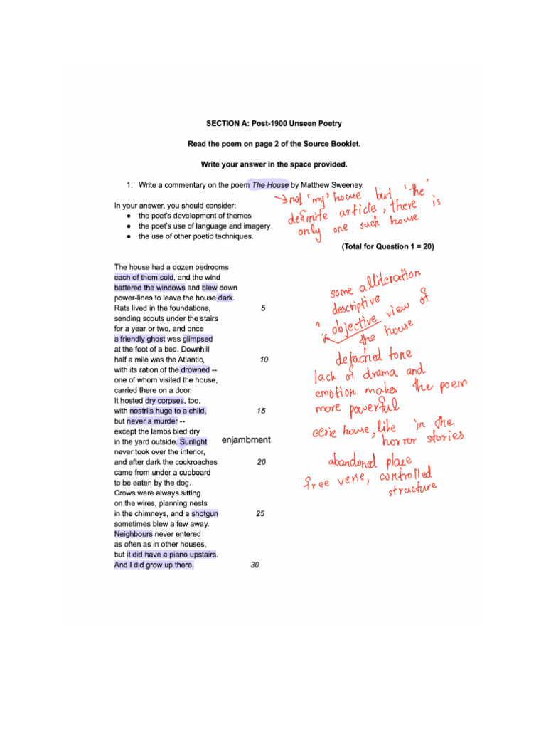 A-Level Literature Poetry Analysis 'The House' Matthew Sweeney | PDF ...
