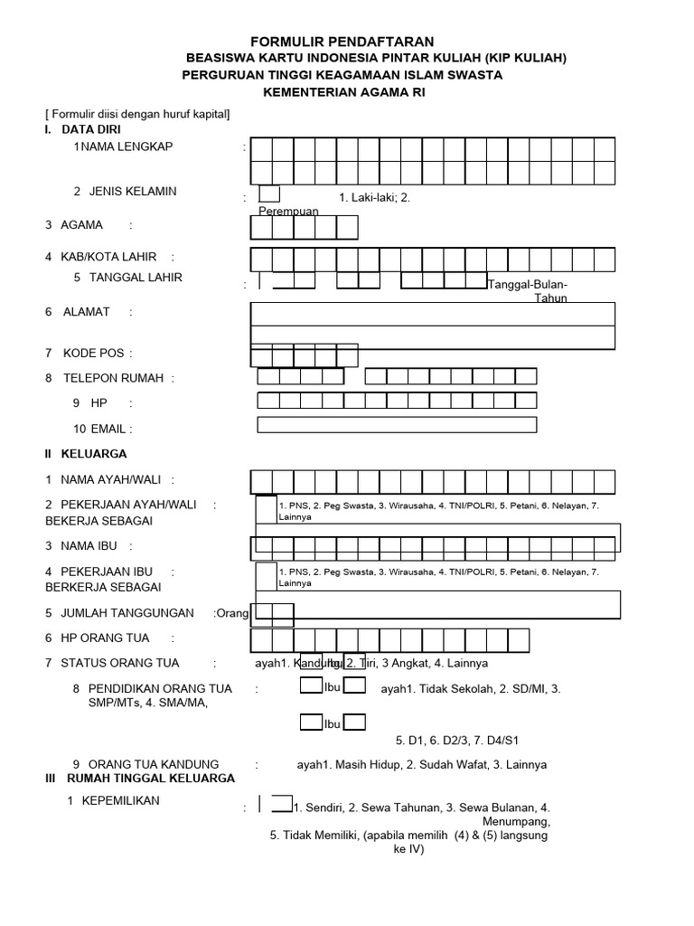 Formulir KIP Kuliah PTKIS | PDF