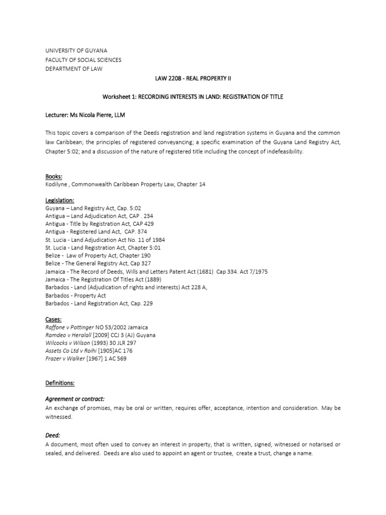 Worksheet 1 - RECORDING INTERESTS IN LAND - REGISTRATION OF TITLE | PDF ...