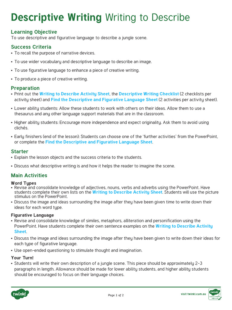 Jungle Scene Descriptive Writing Lesson | PDF | Career & Growth ...