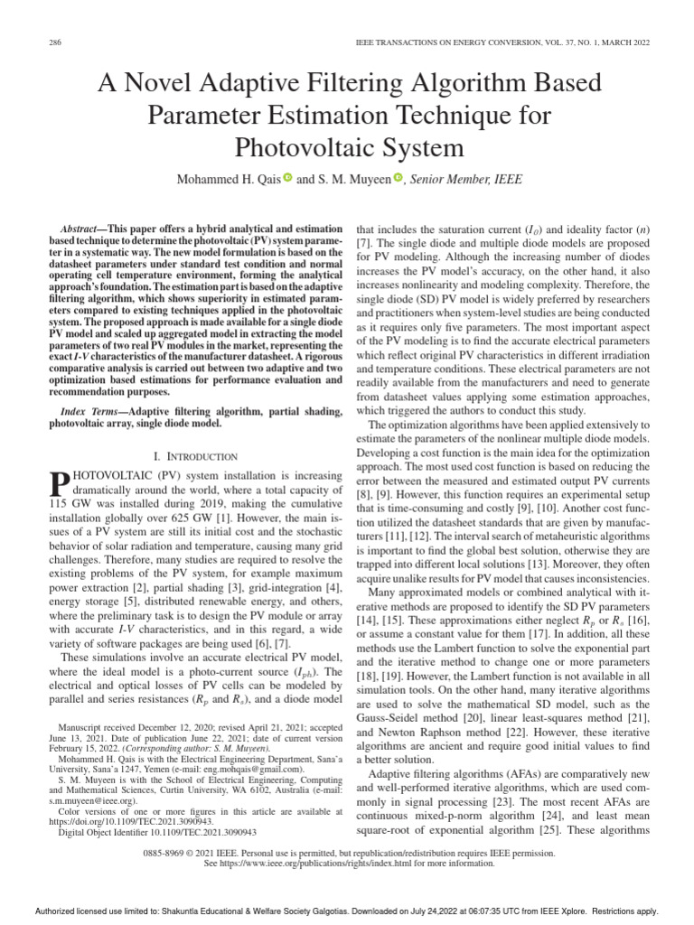 A Novel Adaptive Filtering Algorithm Based Parameter Estimation Technique For Photovoltaic ...