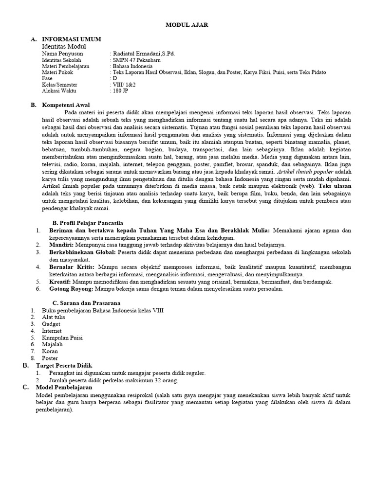Modul Ajar - Bahasa Indonesia VIII - SMP | PDF