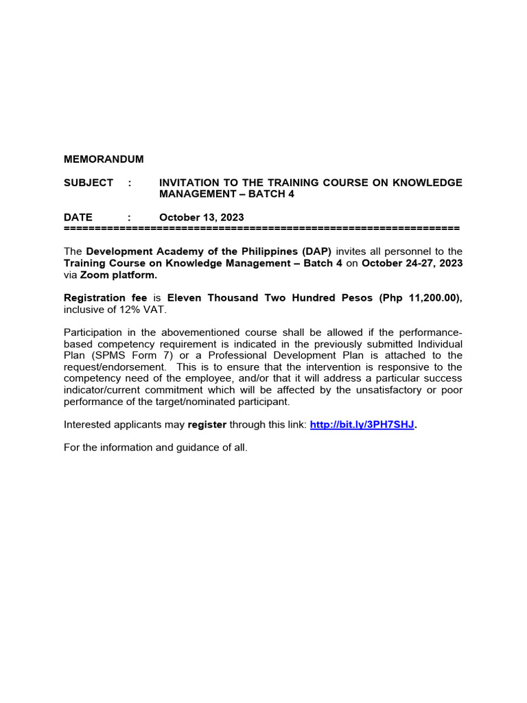 Memo - Invitation To The Training Course On Knowledge Management ...