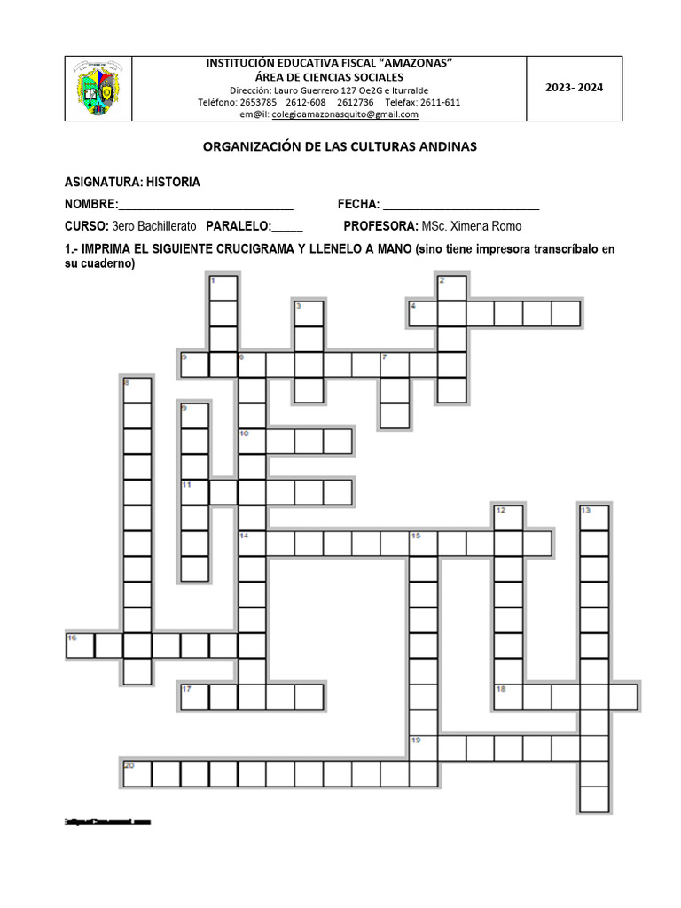 Crucigrama de Culturas Andinas | PDF | Imperio Inca