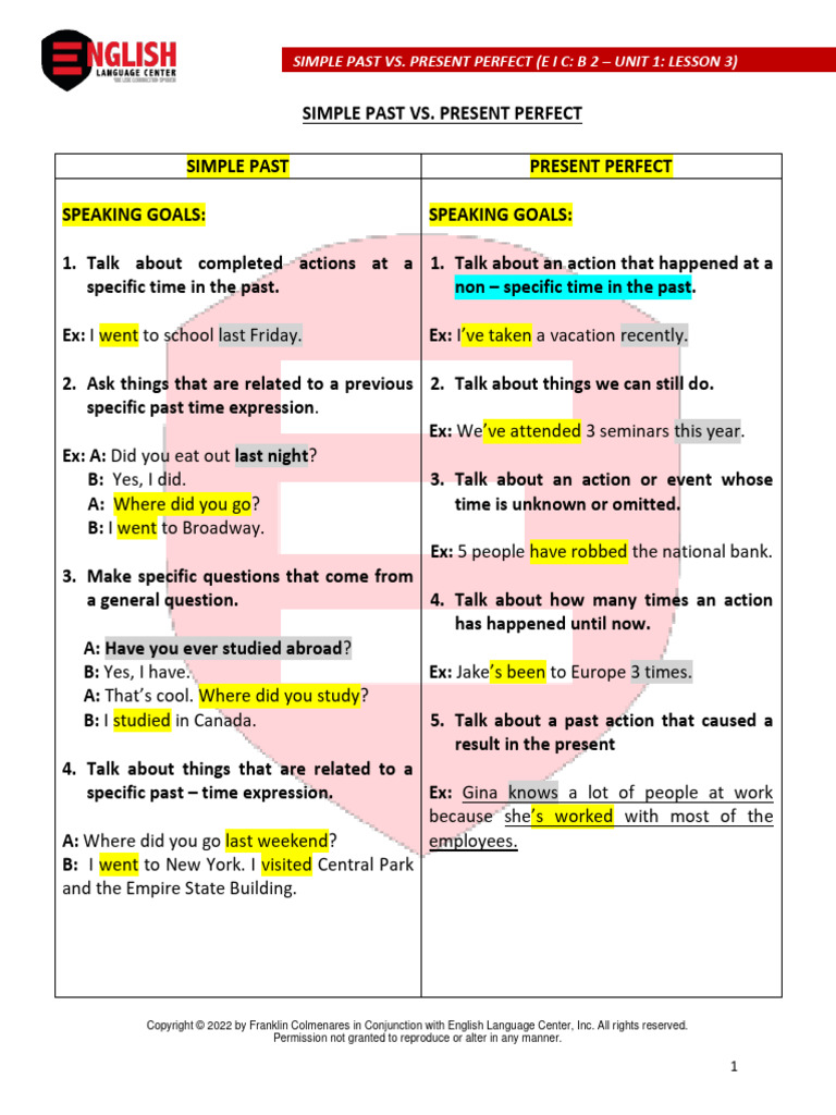 Simple Past vs. Present Perfect - Lesson 3 | PDF