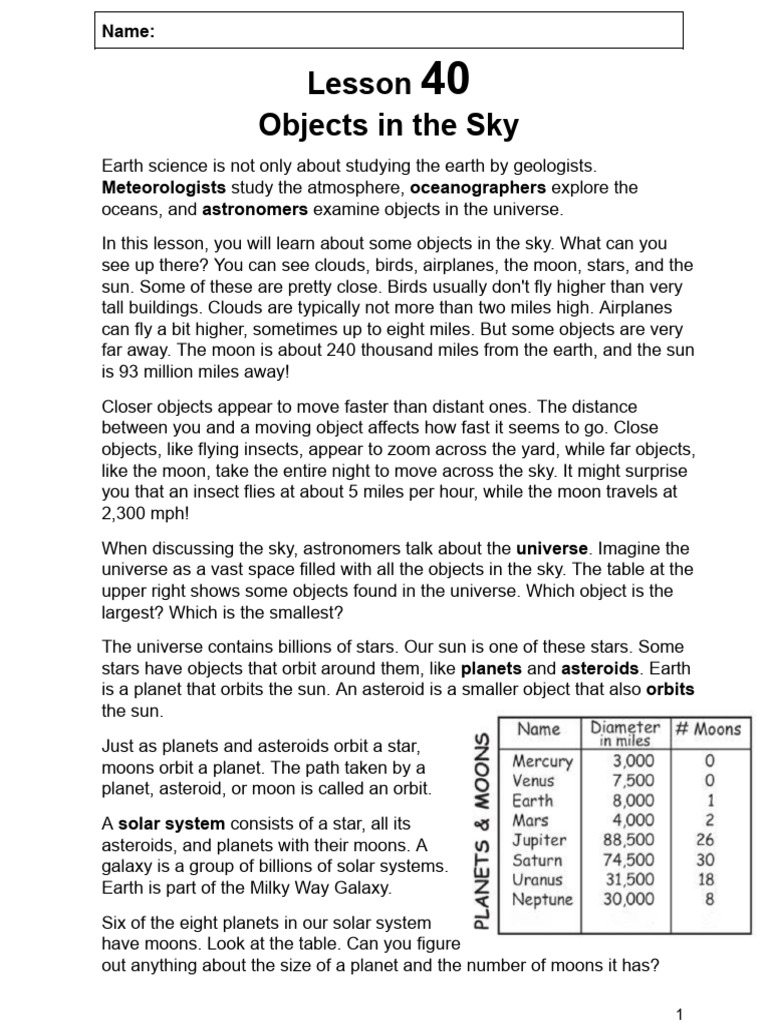 Objects in the Sky: Earth Science Lesson | PDF