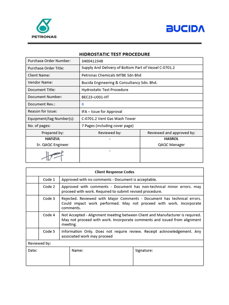 Hidrostatic Test Procedure: Hafizul - Hasrol | PDF | Pressure ...