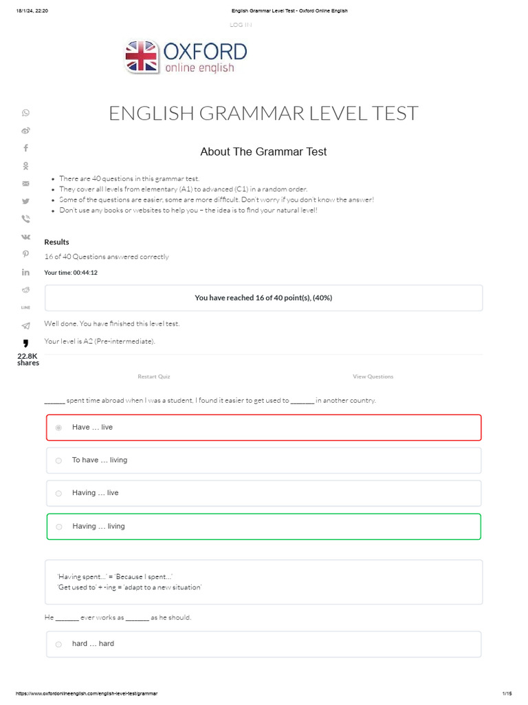 Oxford English Grammar Level Test | PDF | Adjective | English Grammar