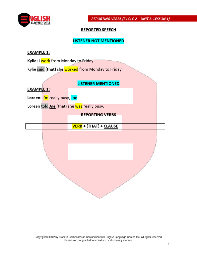 Reporting Verbs - Lesson 1 | PDF | Verb | English Language