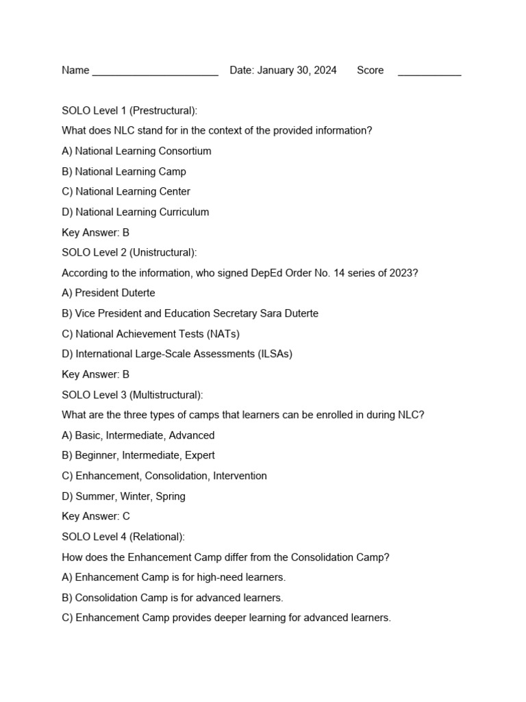 Pre Test NLC INSET January 30 | PDF | Learning | Teachers