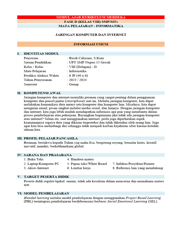 Modul Ajar Informatika Fase D Kelas 8 Bab JKI | PDF