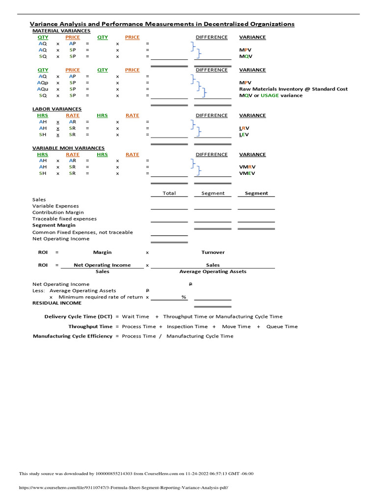 3 Formula Sheet Segment Reporting Variance Analysis Pdf Financial Economics Trade