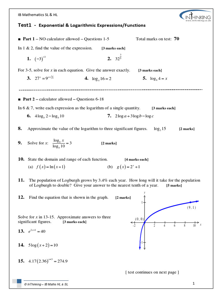 IB Math SL & HL: Exponential Test 1 | PDF
