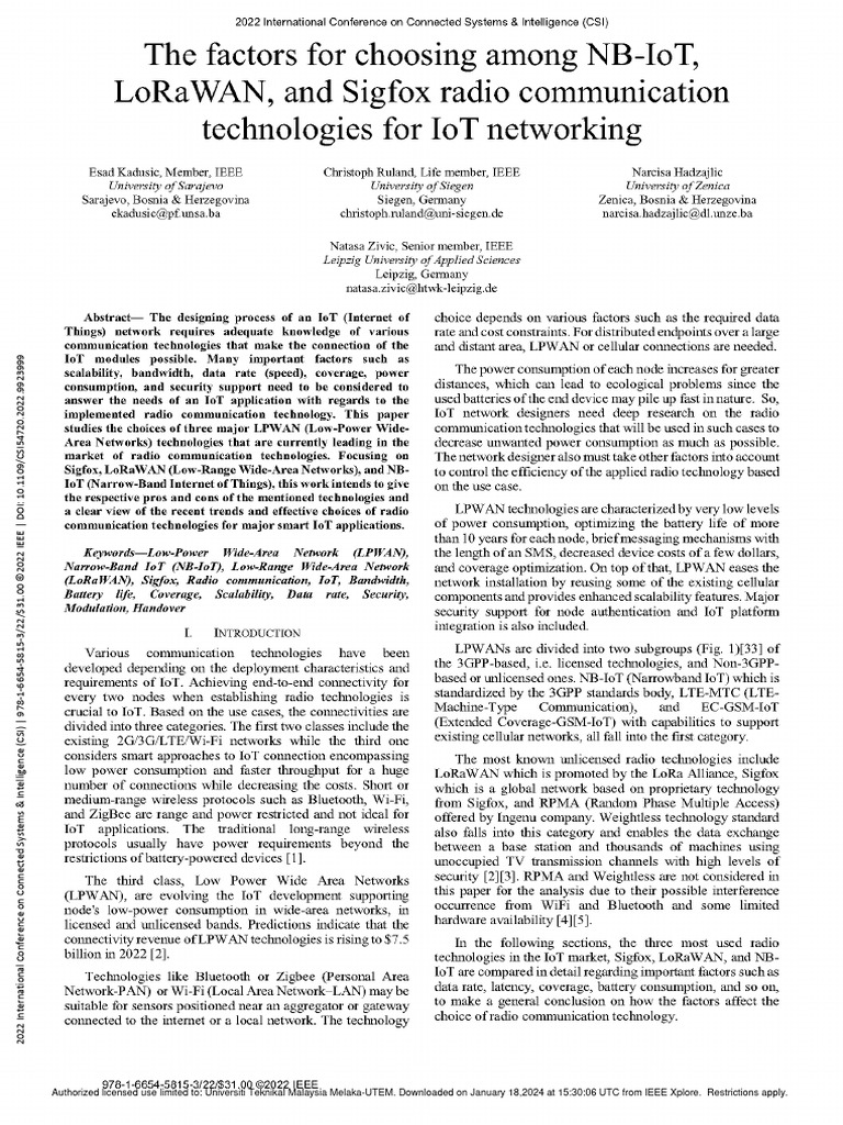The Factors For Choosing Among NB-IoT, LoRaWAN, and Sigfox Radio Communication Technologies For ...
