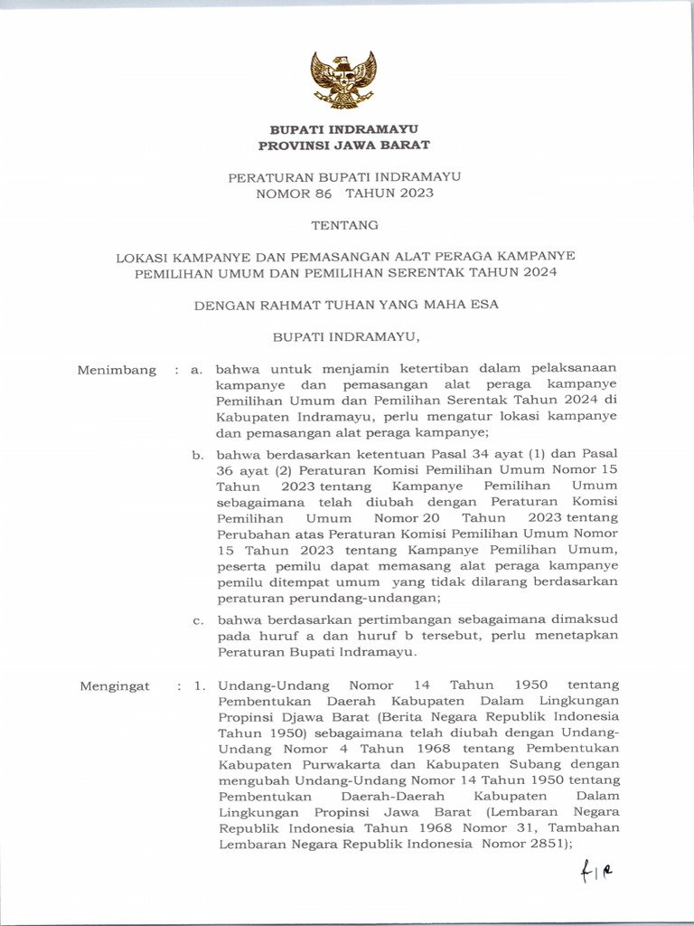 PERBUP NOMOR 86 TAHUN 2023 - Lokasi Kampanye Pemilu 2024 | PDF