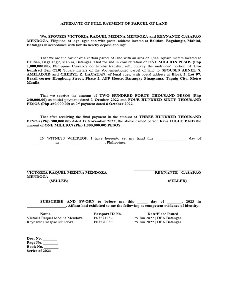 Affidavit of Full Payment for Land | PDF
