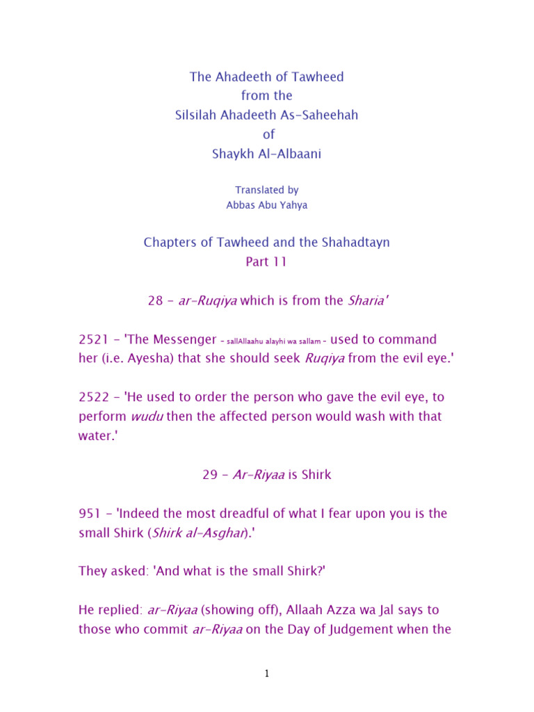 The Ahadeeth of Tawheed 11 Shaykh Al Albaani Abbas Abu Yahya | PDF