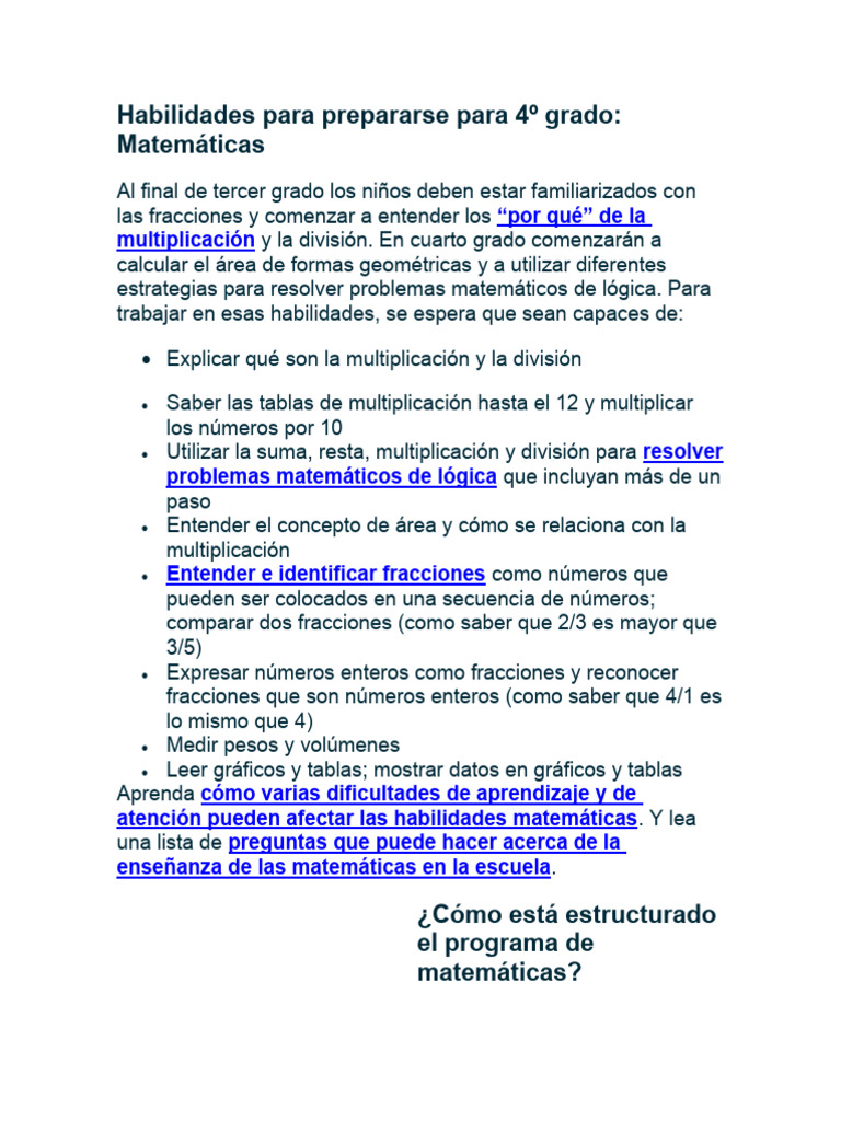 Habilidades para Prepararse para 4º Grado | PDF | Aprendizaje | Matemáticas