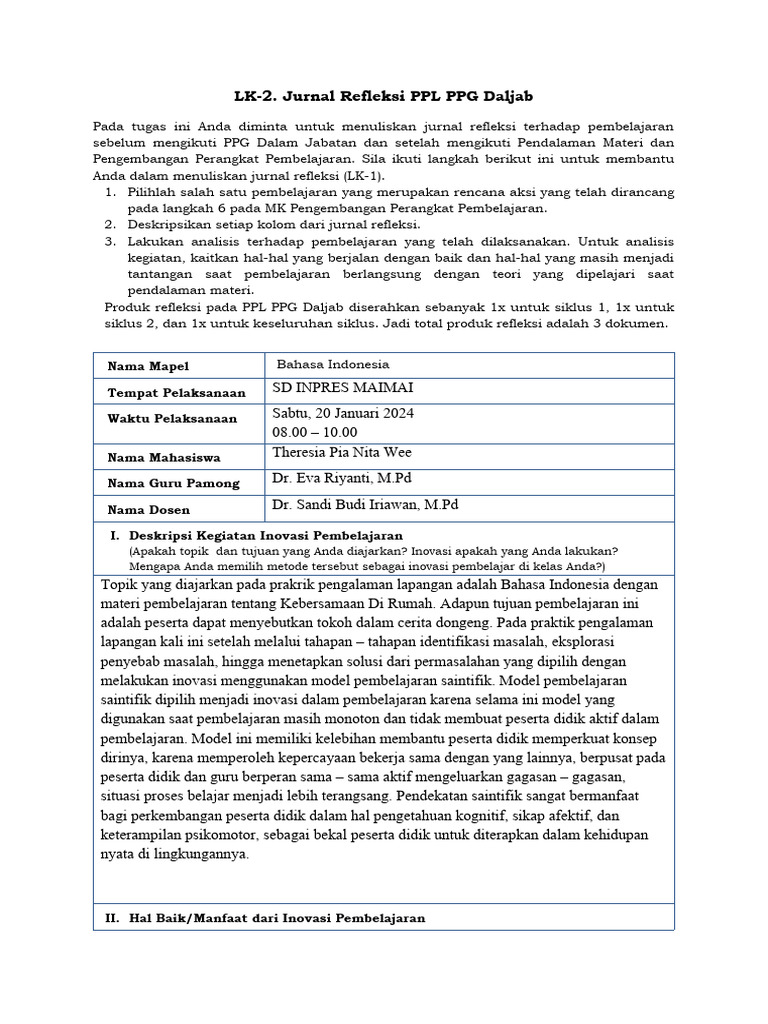 Jurnal Refleksi PPL PPG Daljab | PDF | Karier & Perkembangan