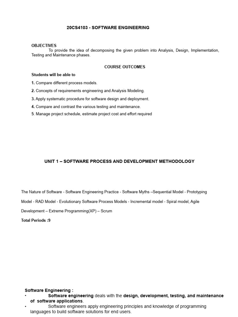 20cs4103 Se Unit 1 | PDF | Software Development Process | Software Prototyping