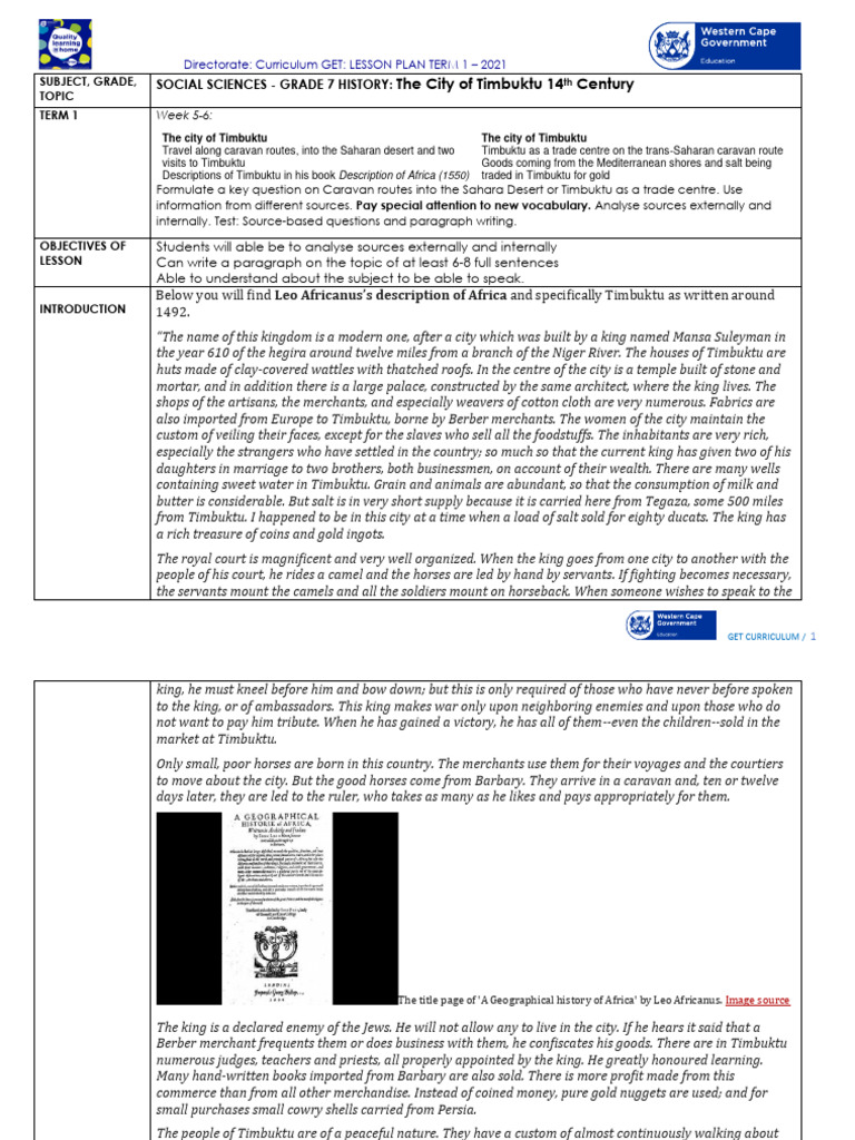 Lesson Plan SP Grade 7 SS History T1 W3 | PDF | Africa