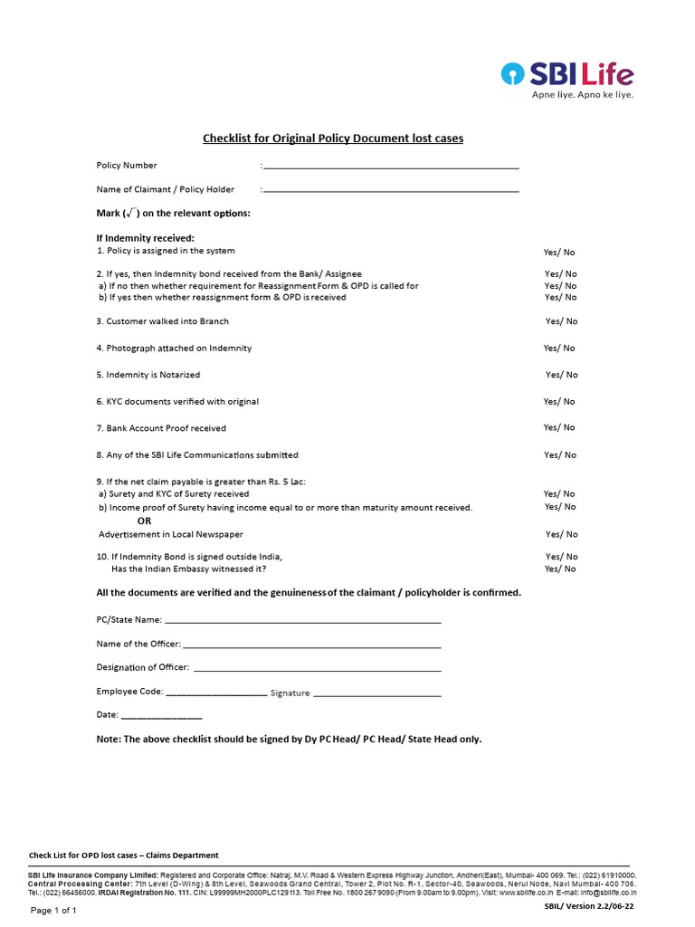 Checklist For Original Policy Document Lost Revised | PDF