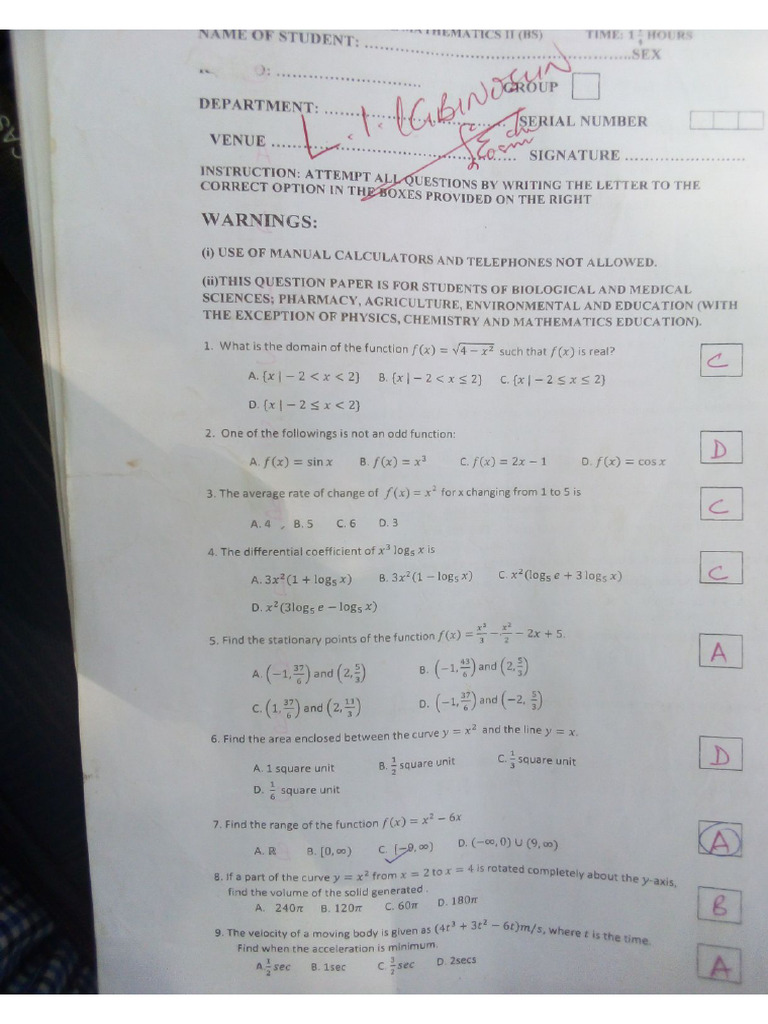 MTH 121 Past Questions | PDF