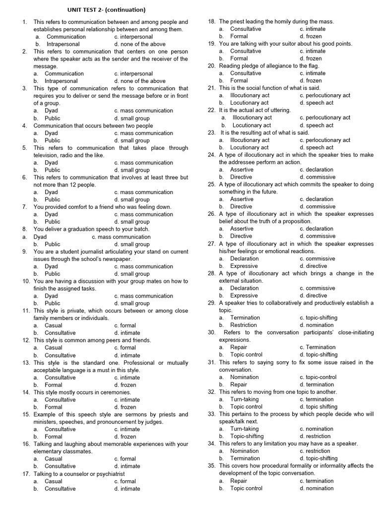 Unit Test 2.1 | PDF | Communication | Psychology