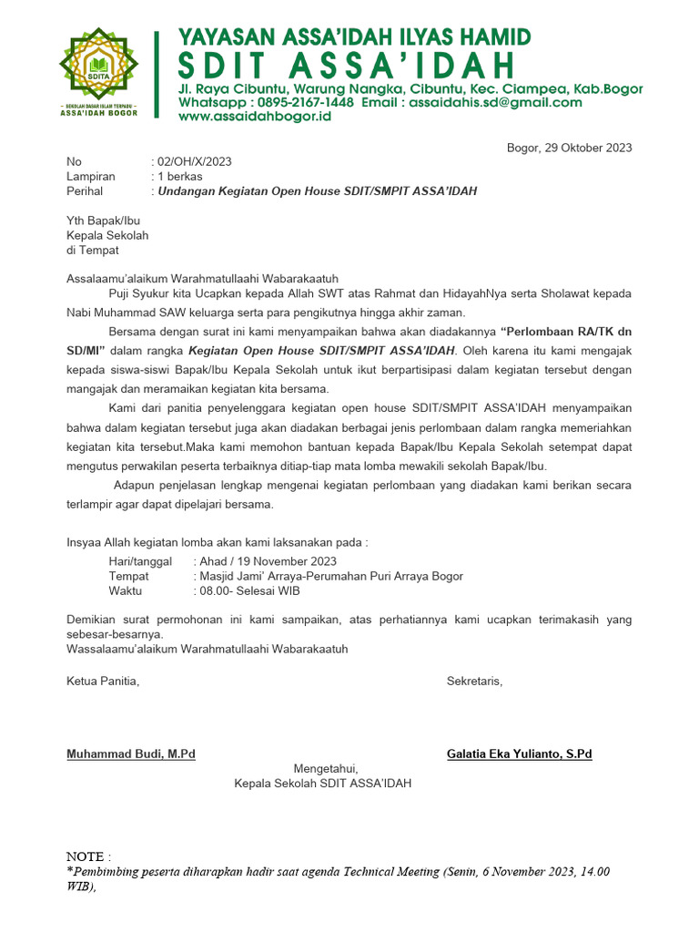 Open House SDIT/SMPIT Assa'idah 2023 | PDF