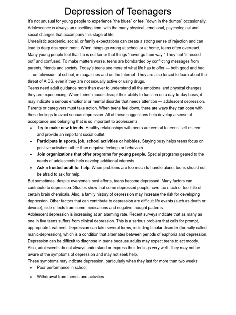 Article About Depression | PDF | Adolescence | Major Depressive Disorder