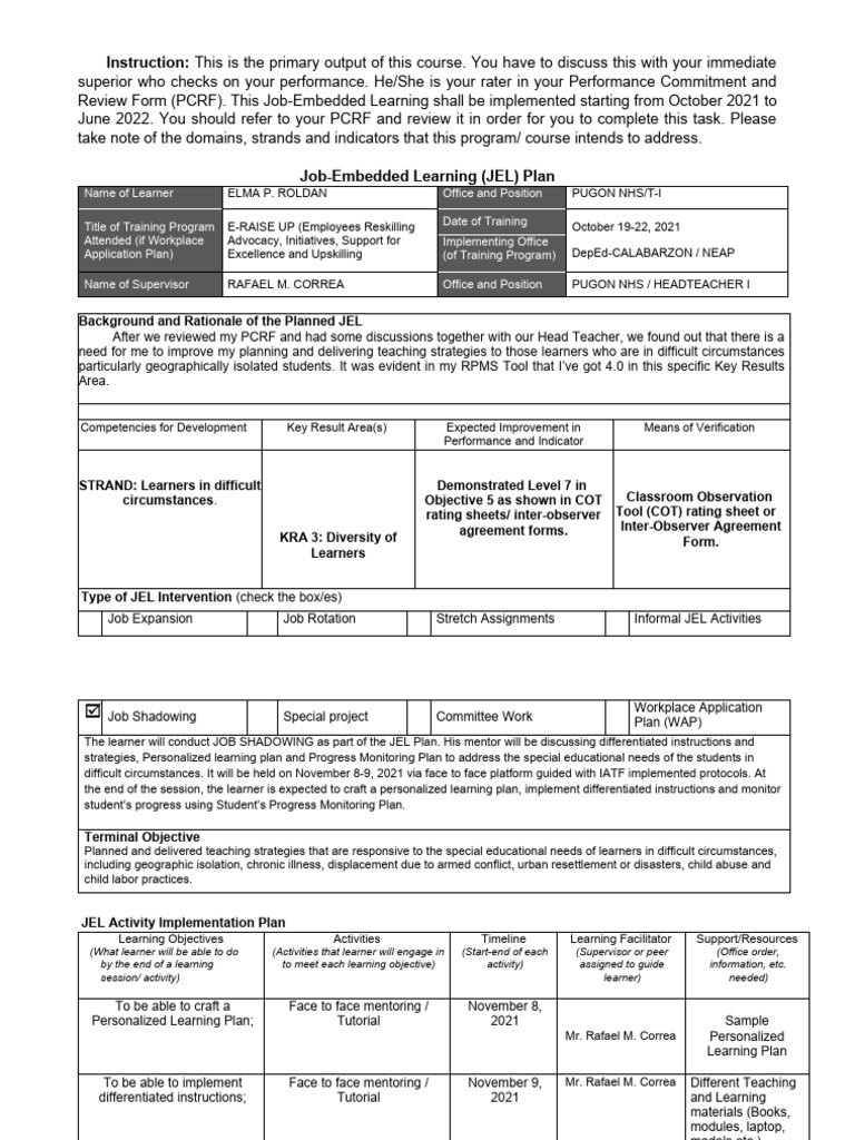 MY - Job-Embedded-Learning-Plan - ELMA ROLDAN | PDF | Differentiated ...
