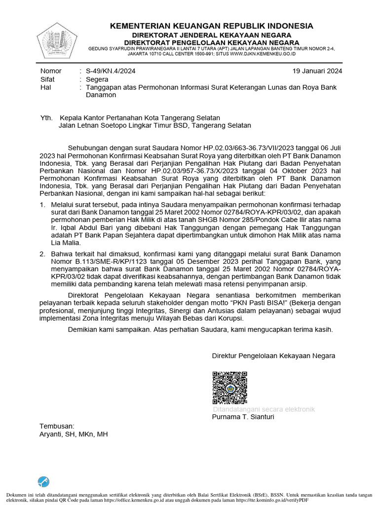 Tanggapan Atas Permohonan Informasi Surat Keterangan Lunas Dan Roya ...