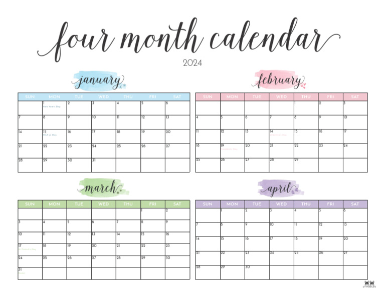 Printable 2024 Four Month Calendar 3 | PDF | Observances | Holidays