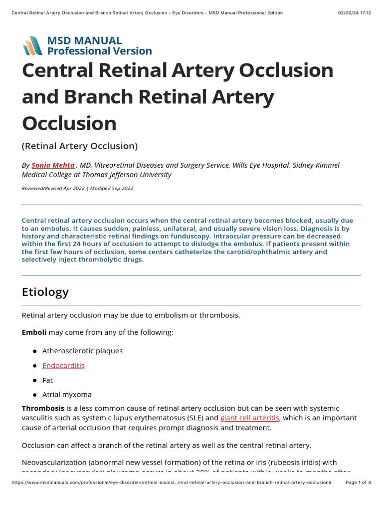 Central Retinal Artery Occlusion and Branch Retinal Artery Occlusion - Eye Disorders - MSD ...