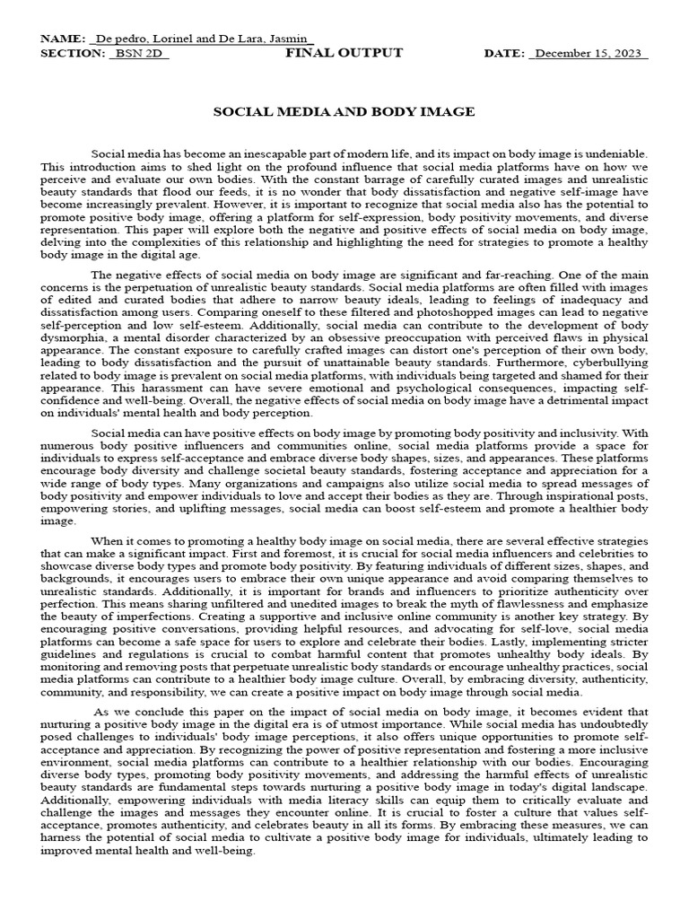 Position Paper (Final Output) | PDF | Body Image | Social Media