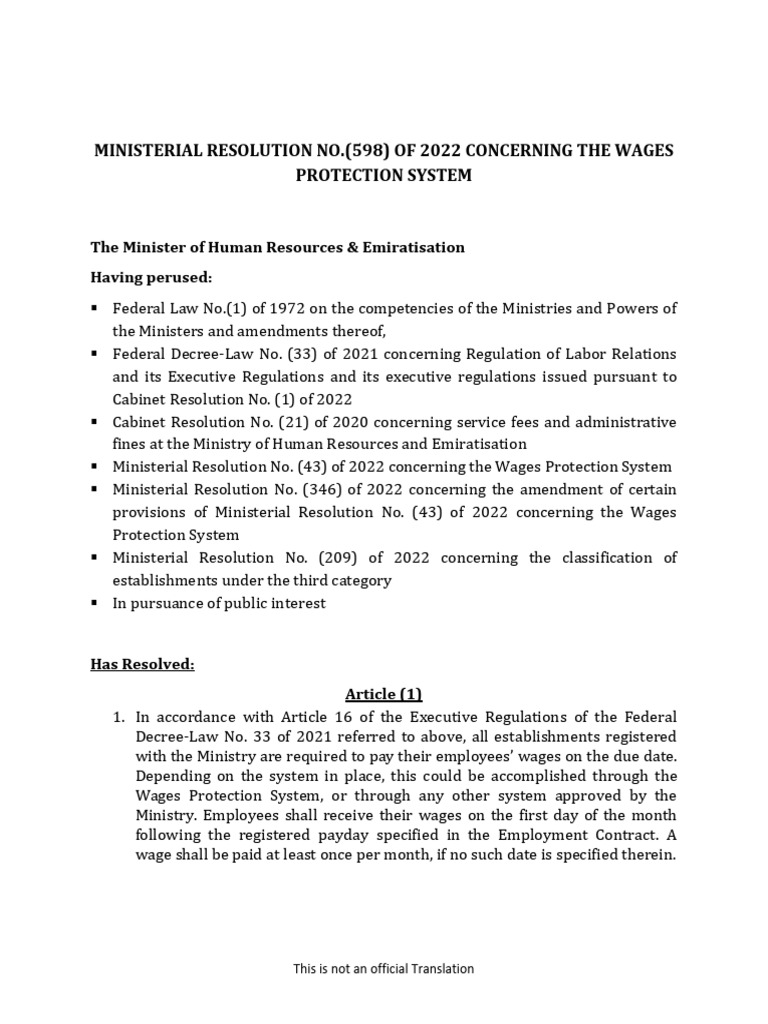 Ministerial Resolution No 598 of 2022 Regarding The Wages Protection ...
