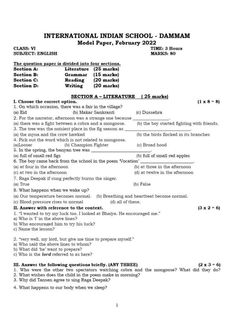 6 Eng Model Paper Feb 2022 | PDF